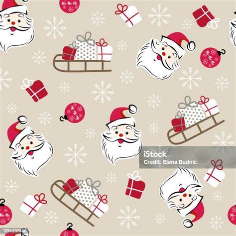 산타 클로스 얼굴과 눈송이 배경으로 손으로 그린 크리스마스 요소와 귀여운 겨울 원활한 패턴 어린이 잠옷 침대 린넨 기타 섬유 직물 포장지 장식 패턴에 대한 스톡 벡터 아트