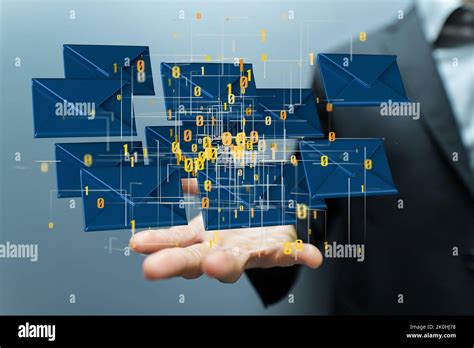 3d floating massage envelop icons and binary code over a hand a