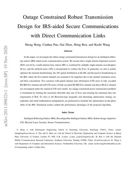 Pdf Outage Constrained Robust Transmission Design For Irs Aided Secure Communications With