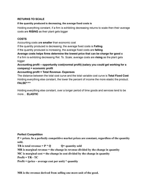Econ Formula Cheat Sheet Returns To Scale If The Quantity Produced Is Decreasing The Average