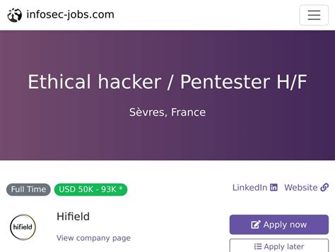 [hiring] Ethical Hacker Pentester H F In Sèvres France R Infosec Jobs