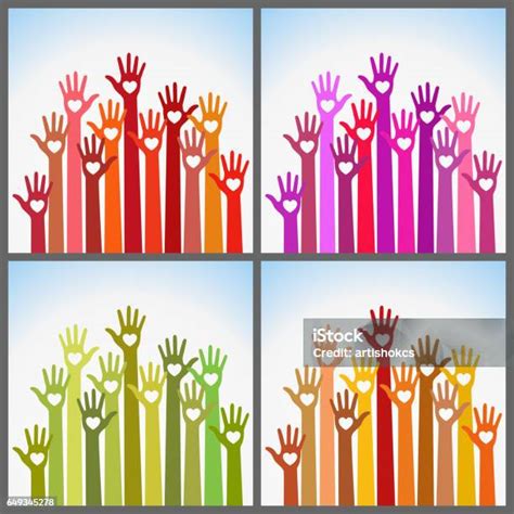 손 하트 벡터 로고 디자인 요소를 돌보는 다채로운 밝은 색상의 집합입니다 교육 의료 의료 자원 봉사 대 한 심장 엠 블 럼 아이콘 위로 자원 봉사자 손 투표 5에 대한 스톡
