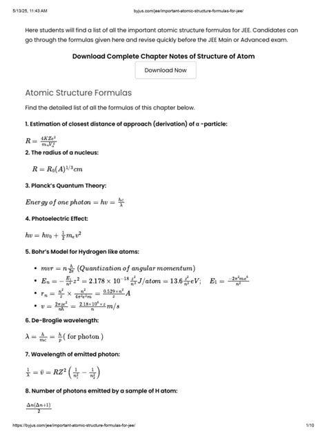 Jeeimportant Atomic Structure Formulas For Jee Pdf Jeeimportant Atomic Structure Formulas For Jee Pdf