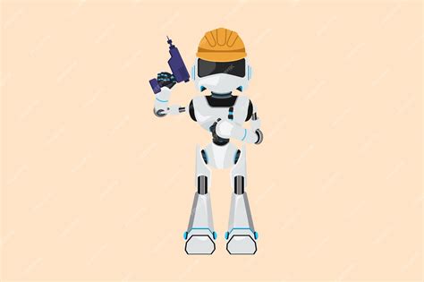 비즈니스 디자인 그리기 로봇 수리공 작업자 작업 수리에 대 한 전기 드릴 도구를 들고 집 찬장 인테리어를 고정 빌더 미래 기술