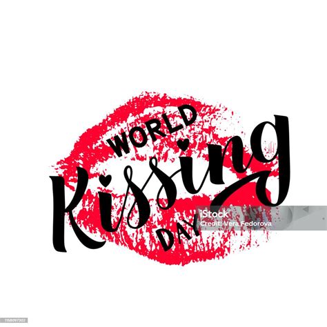 흰색에 고립 된 립스틱 키스와 키스 하루 손 레터링 키스 빨간 입술의 각인 타이포그래피 포스터 배너 스티커 전단지 배지 Tshot 등을 위한 템플릿을 쉽게 편집할 수