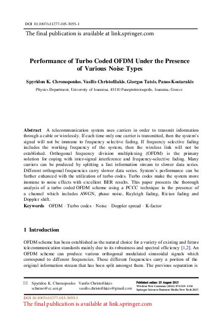 Pdf Performance Of Turbo Coded Ofdm Under The Presence Of Various Noise Types