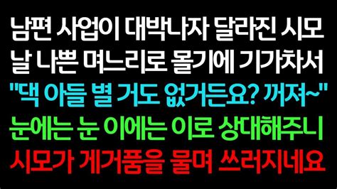 【실화사연】 남편 사업이 대박나자 달라진 시모 날 나쁜 며느리로 몰기에 기가차서 눈에는 눈 이에는 이로 상대해주니 시모가 게거품 물며 쓰러지네요 ㅣ라디오드라마ㅣ사이다사연ㅣ