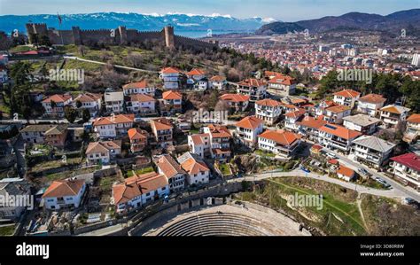 Aerial View Of Ohrid Old Town With Samuels Fortress And Surrounding