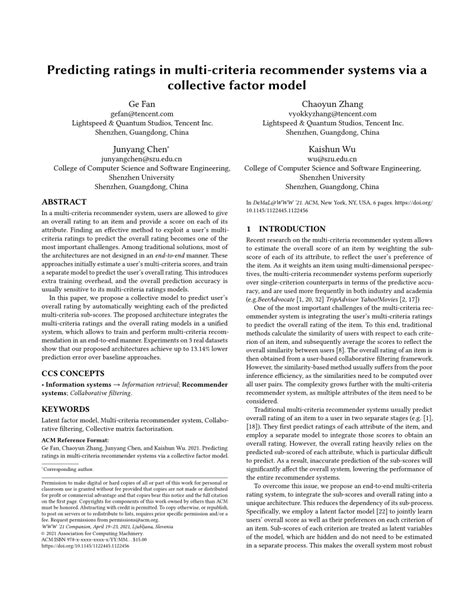 Pdf Predicting Ratings In Multi Criteria Recommender Systems Via A