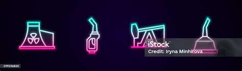 세트 라인 원자력 발전소 가솔린 펌프 노즐 오일 또는 잭 및 모터 기계 오일용 캐니스터 빛나는 네온 아이콘입니다 벡터 가솔린에 대한 스톡 벡터 아트 및 기타 이미지 Istock