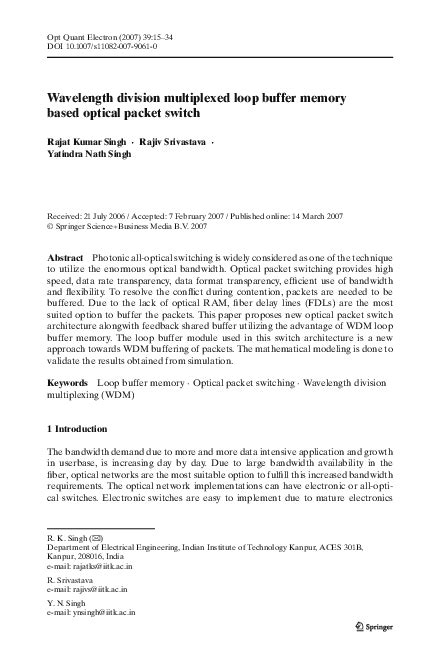 Pdf Wavelength Division Multiplexed Loop Buffer Memory Based Optical Packet Switch