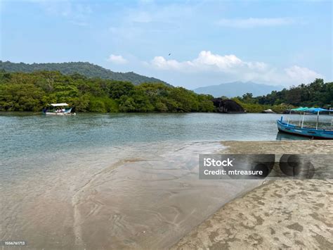 열대 섬의 낙원 파도가 해변을 두드리는 이미지 야자수가 있는 숲이 우거진 섬 물 위의 관광 보트 얕은 모래 위에 해변 흐린 푸른 맑은 하늘 전경에 초점 고아 인도에 대한