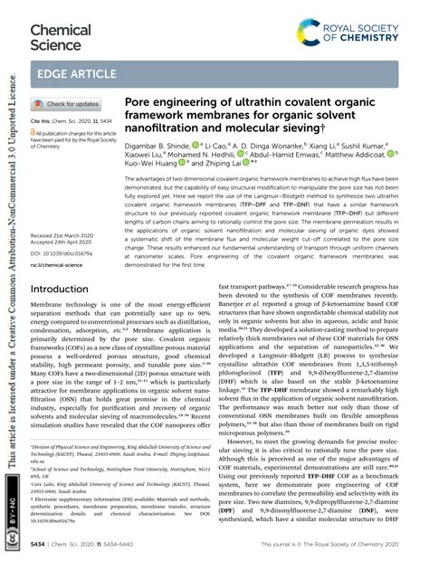 PDF Pore Engineering Of Ultrathin Covalent Organic Framework Membranes For Organic Solvent