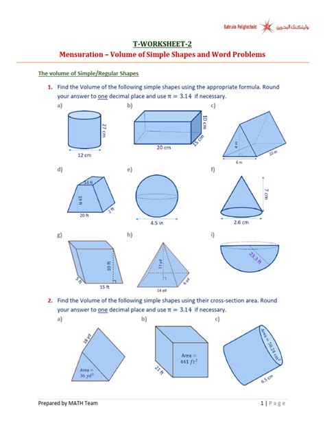 T Worksheet 2 Mensuration Volume Of Simple Shapes And Word