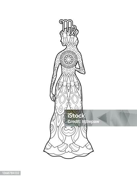 처녀 자리 조디악 기호 작품 성인 색칠 공부 페이지 아름다운 별자리 기호 소녀 벡터 일러스트 검은색에 대한 스톡 벡터 아트 및 기타 이미지 Istock