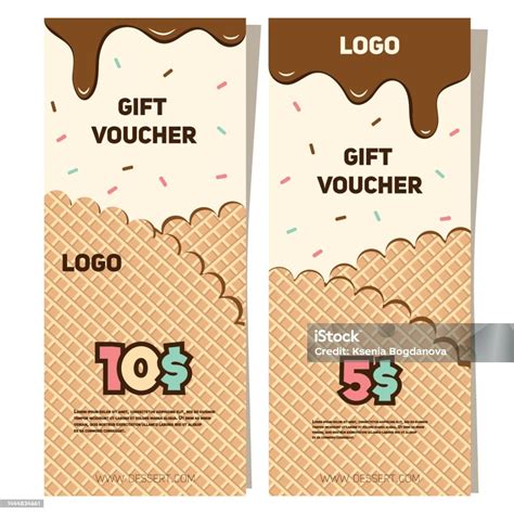 벡터 상품권 템플릿입니다 디저트 또는 스프링클이있는 아이스크림 바우처 분홍색과 갈색 색상의 달콤한 주식을위한 전단지 아이스크림에 대한 스톡 벡터 아트 및 기타 이미지