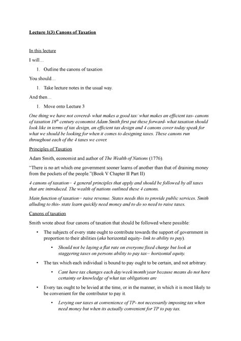 Lecture Notes Intro To Tax Lecture Canons Of Taxation In This Lecture I Will
