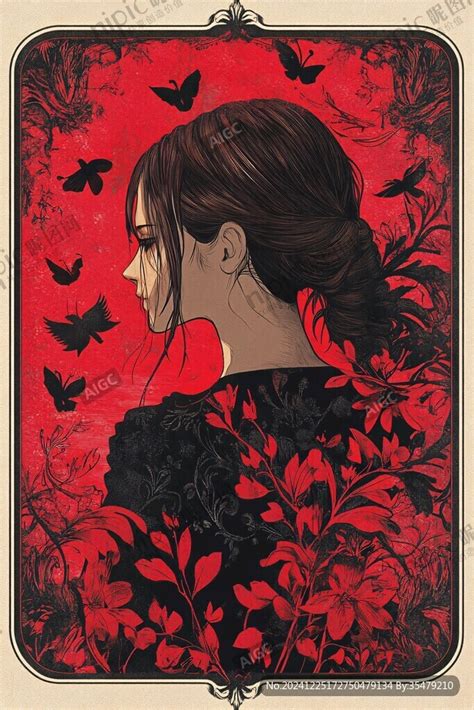 ai创作图刺桐花女插画 王之凝视插画 浮雕手搞图 恶魔原创插画 人物装饰画原创 红黑装饰画 暗红系列 玫瑰茄插画 影剧插画 原创板绘 厚涂手绘