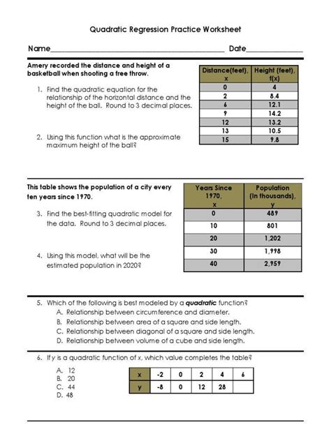 Linear And Quadratic Regression Worksheet