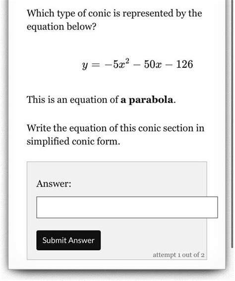 Solved Which Type Of Conic Is Represented By The Equation Below Y 5x 2 50x 126 This Is