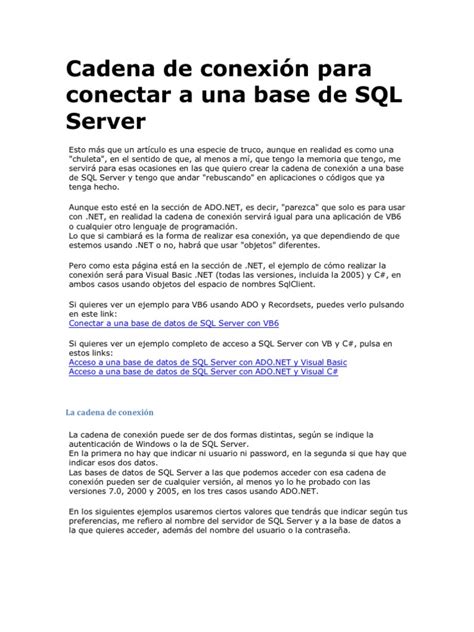 Cadena De Conexión Para Conectar A Una Base De Sql Server Pdf