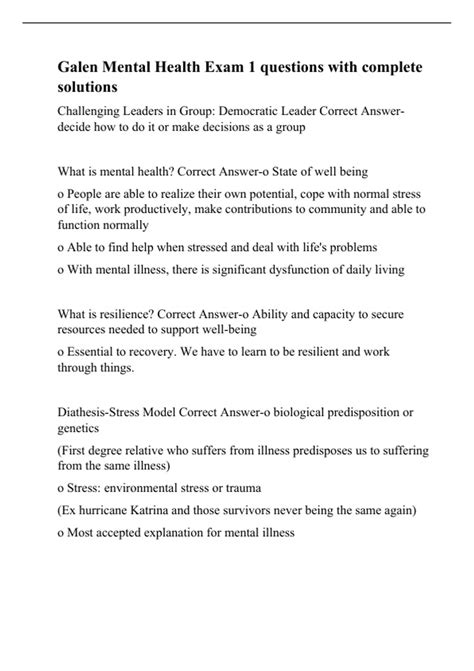 Galen Mental Health Exam 1 Questions With Complete Solutions RN Nursing Stuvia US