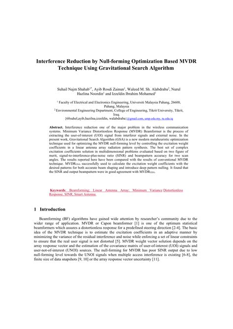 Pdf Interference Reduction By Null Forming Optimization Based Mvdr