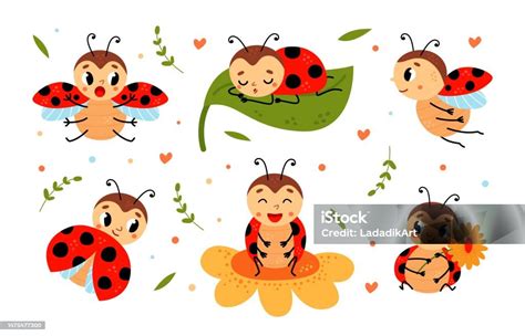 만화 재미있는 무당 벌레 빨간 검은 점들은 날개를 가진 딱정벌레입니다 꽃과 나뭇잎에 귀여운 곤충 캐릭터 날고 자는 무당벌레 고급스러운 유치한 벡터 스티커 개체 그룹에 대한