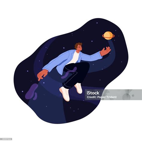 꿈을 꾸는 사람 우주에서 비행 우주 행성 탐험 우주 은하계 여행 공부에 떠있는 인간 탐험가 천문학 개념 흰색 배경에 격리된 플랫 벡터 일러스트 레이 션 개념에 대한 스톡