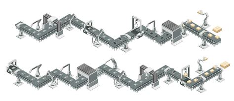 Robotic Assembly Line With Conveyor Belt In An Automated Factory Isometric Vector Illustration
