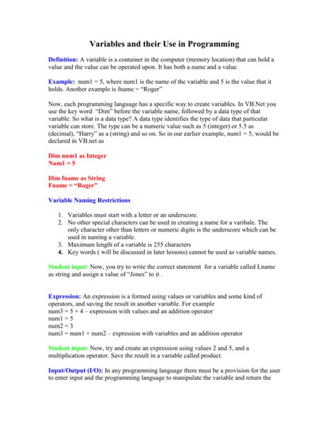 Vbnet Variables Lesson And Activities