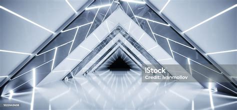 추상적인 모양 조명과 검은 끝과 빈 공간 3d 렌더링 반사 표면 빛나는 밝은 현대 미래 공상 과학 외계 우주선 터널 0명에 대한 스톡 사진 및 기타 이미지 Istock