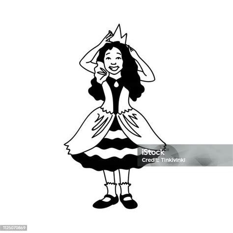 축제 드레스에 귀여운 소녀는 그녀의 머리에 크라운을 수정합니다 개념입니다 단색 흰색 배경에 고립 된 크라운을 입고 긴 머리를 가진 작은 공주 그림을 벡터 손 그려진된