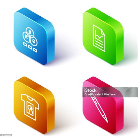 등각 투영 선 Rgb 색상 혼합 그래프 차트가있는 문서 티셔츠 및 연필 지우개 아이콘을 설정합니다 벡터 3차원 형태에 대한 스톡