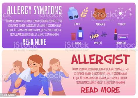 알레르기 플랫 스타일 벡터 일러스트레이션에 대한 웹사이트 배너 템플릿 세트 개체 그룹에 대한 스톡 벡터 아트 및 기타 이미지