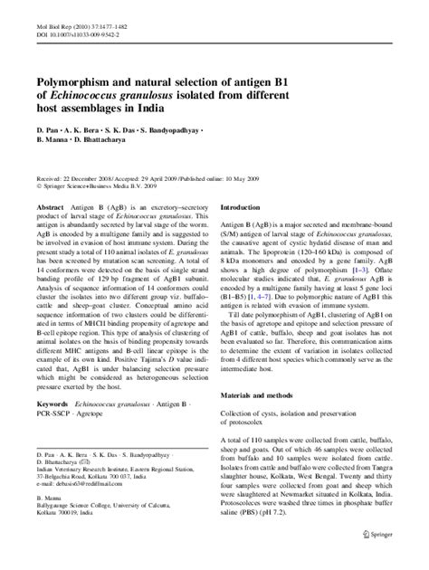 Pdf Polymorphism And Natural Selection Of Antigen B1 Of Echinococcus