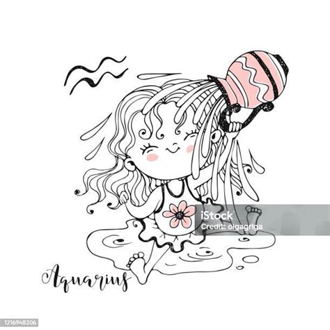 어린이 조디악 물병자리 기호입니다 달콤한 소녀는 물에 흠뻑 젖어있습니다 벡터 물병자리에 대한 스톡 벡터 아트 및 기타 이미지 물병자리 소녀 점성술 기호 Istock