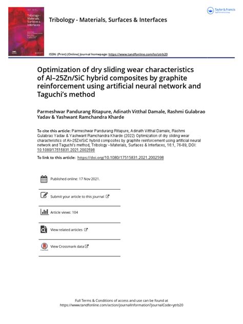Optimization Of Dry Sliding Wear Characteristics Of Al 25zn Sic Hybrid Composites By Graphite