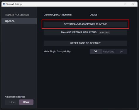 how to set your default openxr runtime vrex