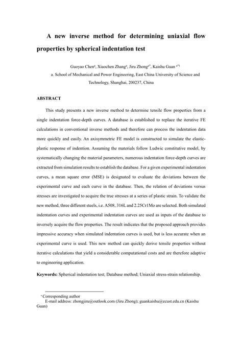 Pdf A New Inverse Method For Determining Uniaxial Flow Properties By Spherical Indentation Test