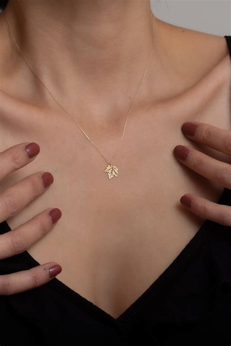 Tiny Maple Leaf Necklace 14k Solid Gold Chain Necklace With Etsy