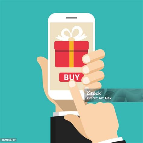 화면에 선물 상자와 함께 스마트 폰을 들고 손을 손가락이 버튼을 터치합니다 벡터 플랫 일러스트레이션입니다 개념에 대한 스톡 벡터 아트 및 기타 이미지 Istock