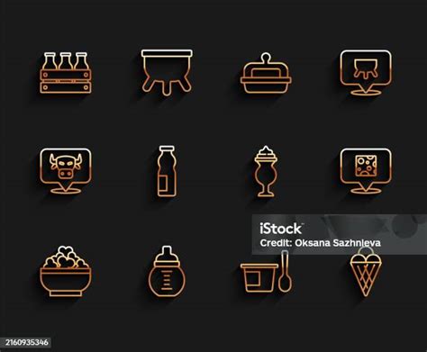 세트 라인 코티지 치즈 병에 담긴 아기 우유 병에 든 나무 상자 숟가락이 있는 요구르트 용기 아이스크림 와플 콘 마시는 요구르트 치즈 및 밀크쉐이크 아이콘 벡터 0명에 대한
