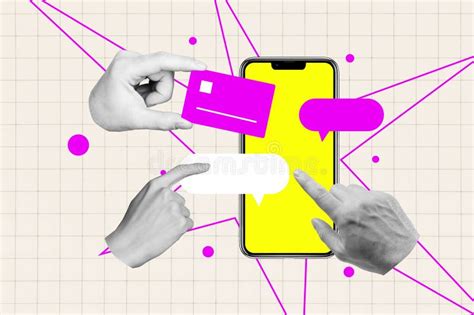 Composite Photo Collage Of Hands Hold Credit Card Online Payment Phone