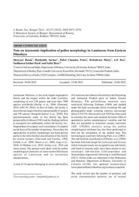 Pdf Note On Taxonomic Implication Of Pollen Morphology In Lamiaceae