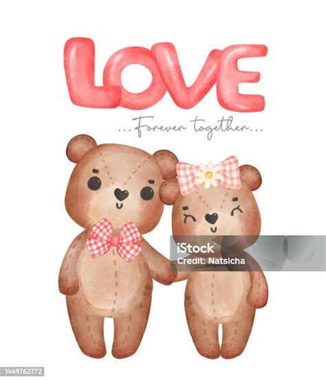 귀여운 클래식 커플 갈색 테디 베어 소년과 소녀는 손을 잡고 나무 그네에 앉아 영원히 함께 해피 발렌타인 사랑스러운 만화 수채화