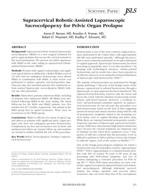 Pdf Supracervical Robotic Assisted Laparoscopic Sacrocolpopexy For Pelvic Organ Prolapse