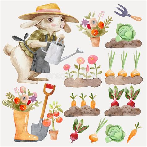 Watercolor Collection Of Garden Tools Tools Accessories Plants And