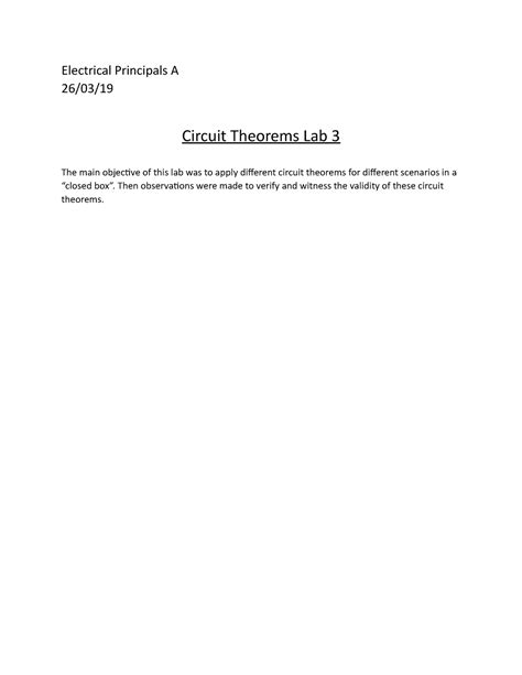 Lab 3 Circuit Theorems Formal Report Electrical Principals A 2603 Circuit Theorems Lab 3