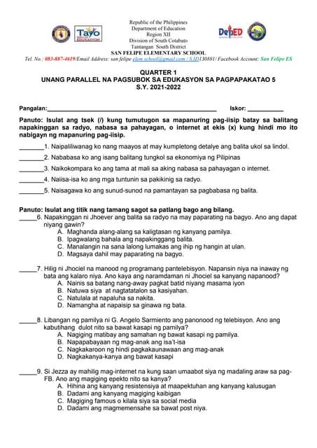 1st Parallel Assessment In Esp 5 Docx